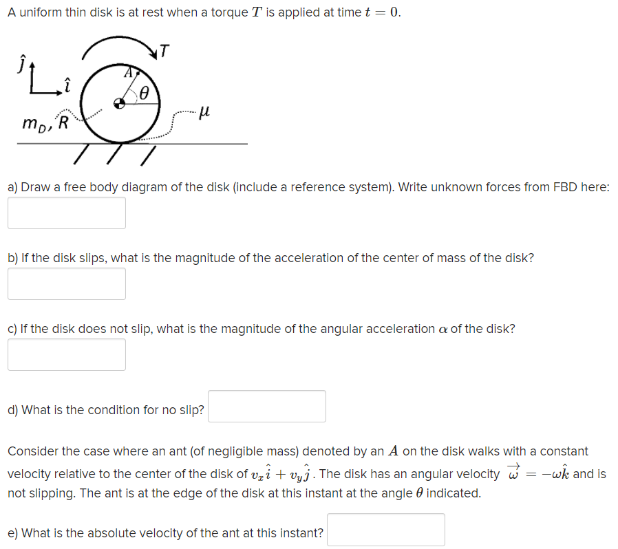 Solved A uniform thin disk is at rest when a torque T is | Chegg.com