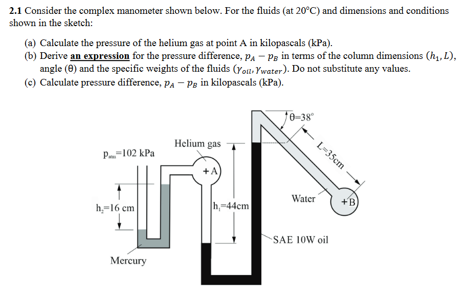 Solved 2.1 Consider the complex manometer shown below. For | Chegg.com