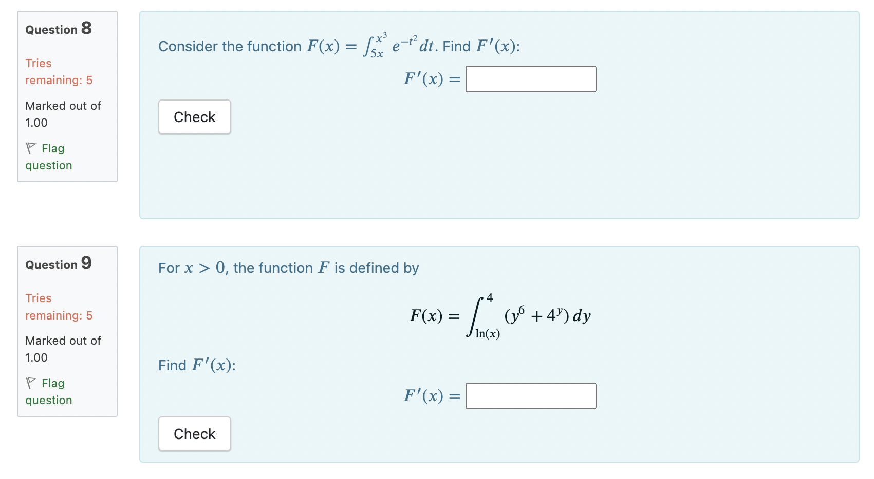 Solved Consider the function F(x)=∫5xx3e−t2dt. Find F′(x) : | Chegg.com