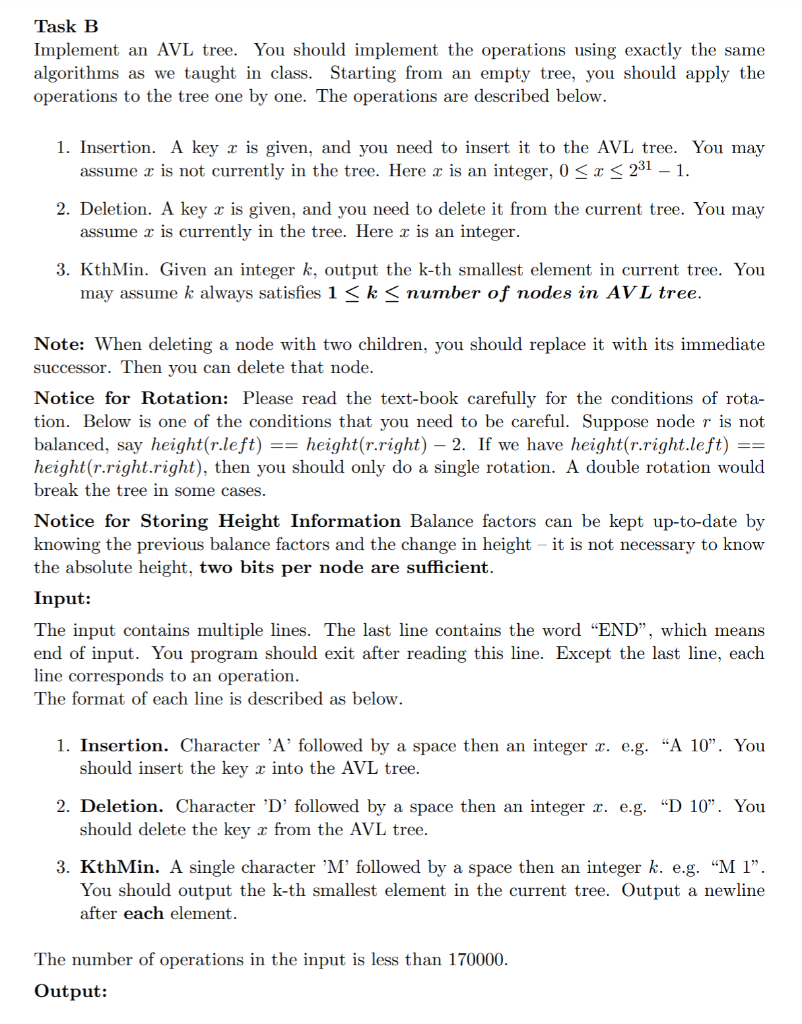 Solved Task B Implement an AVL tree. You should implement | Chegg.com