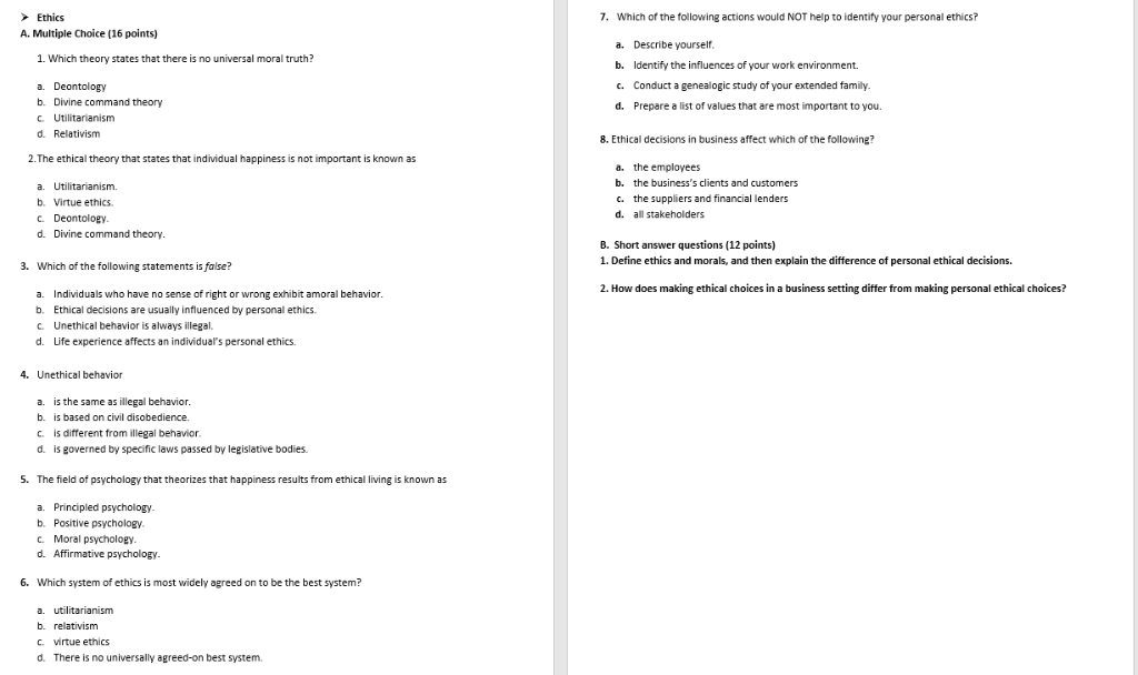 Solved Ethics A. Multiple Choice (16 points) 7. Which of the | Chegg.com