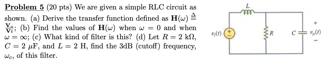 Solved Problem 5 (20 pts) We are given a simple RLC circuit | Chegg.com