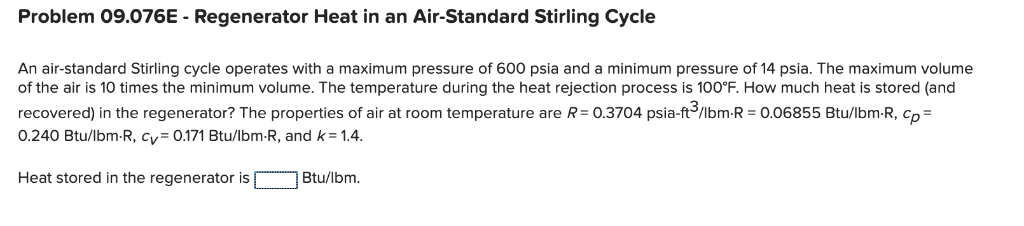 Solved Problem 09.076E - Regenerator Heat in an Air-Standard | Chegg.com