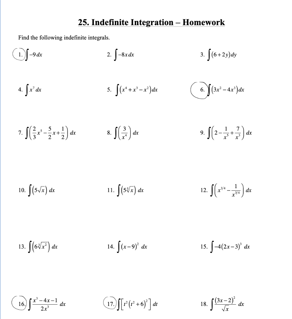 Solved 25. Indefinite Integration – Homework Find the | Chegg.com