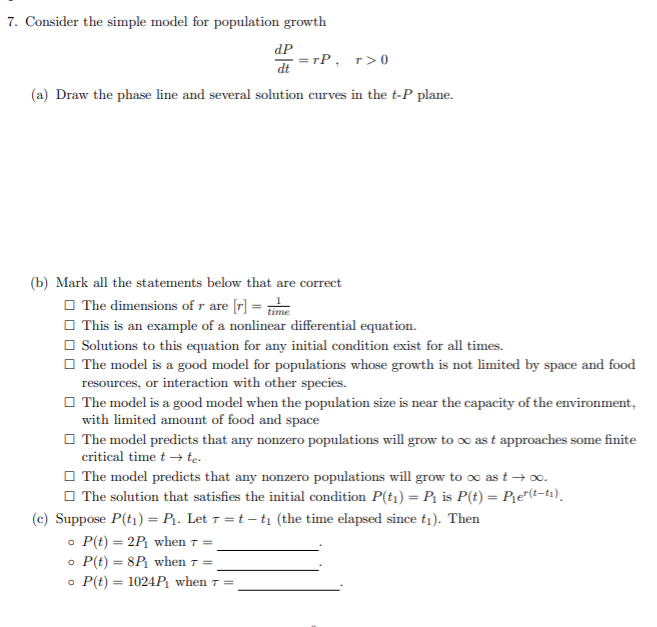 Solved 7. Consider the simple model for population growth dP | Chegg.com