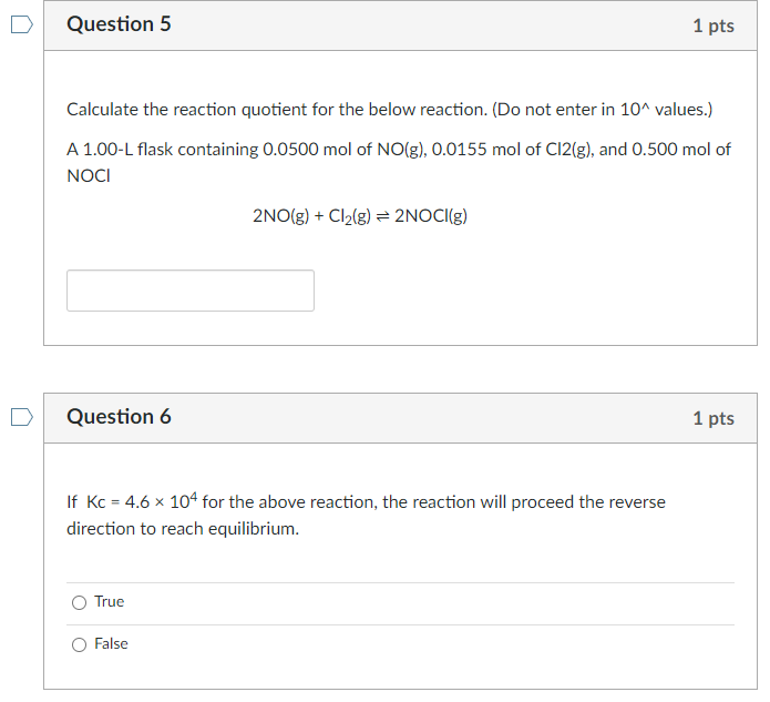 Solved Question 5 1 pts Calculate the reaction quotient for | Chegg.com