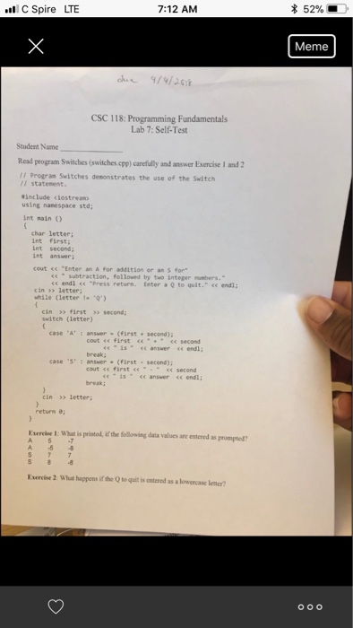 Solved C Spire Lte 712 Am 52 Meme Csc 118 Programming 