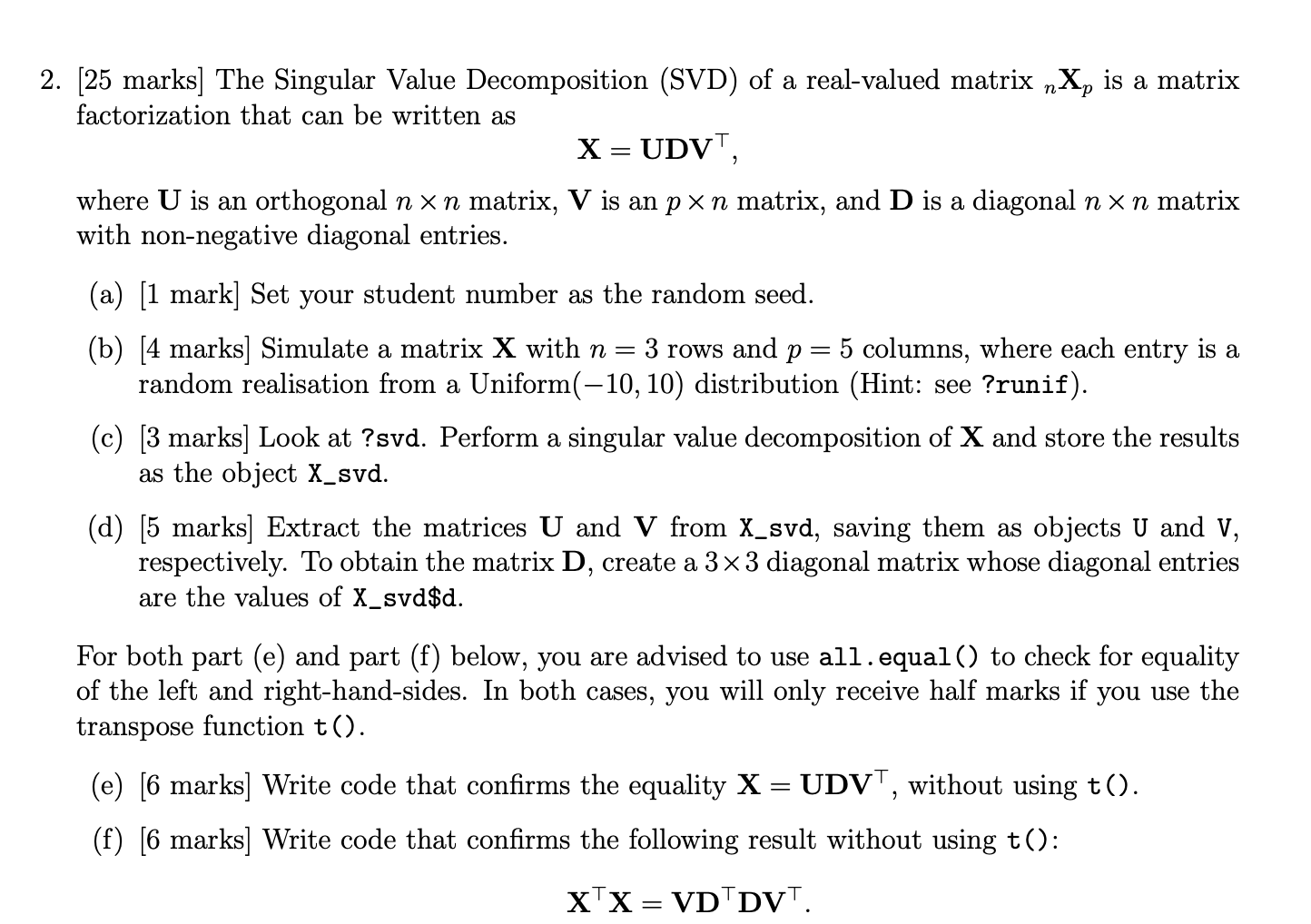 2. [25 marks] The Singular Value Decomposition (SVD) | Chegg.com