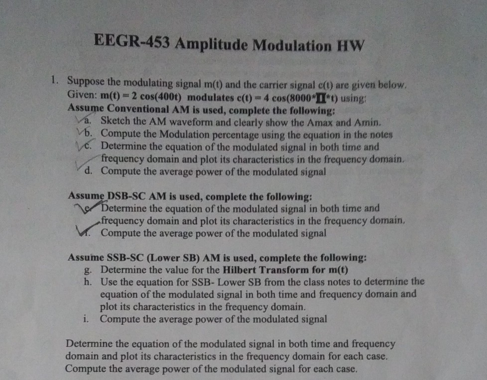 Solved EEGR-453 Amplitude Modulation HW 1. Suppose the | Chegg.com