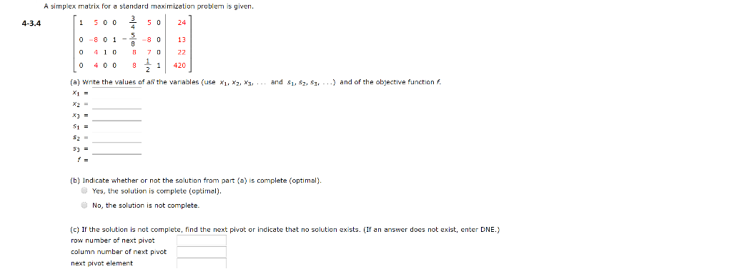 Solved A simplex matrix for a standard maximization problem | Chegg.com