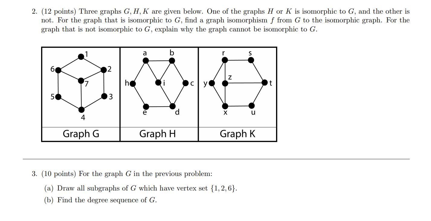 Solved 2. (12 points) Three graphs G, H, K are given below. | Chegg.com