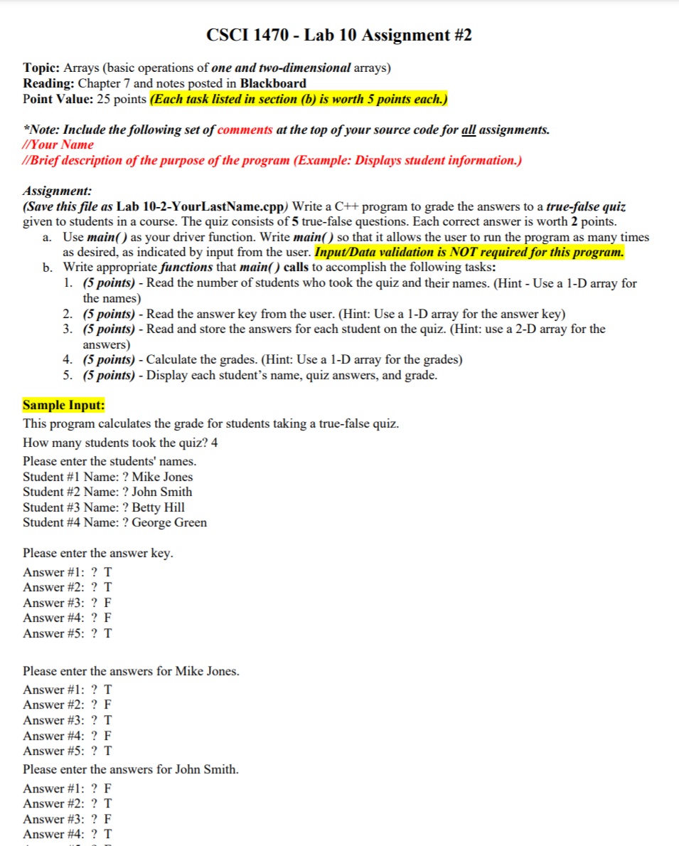 Solved Csci 1470 Lab 10 Assignment 2 Topic Arrays Basic 