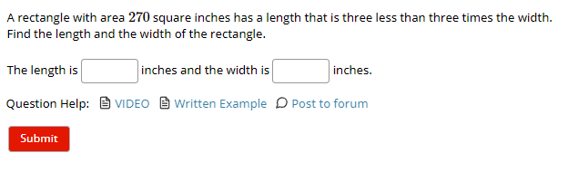 Solved A rectangle with area 270 square inches has a length | Chegg.com