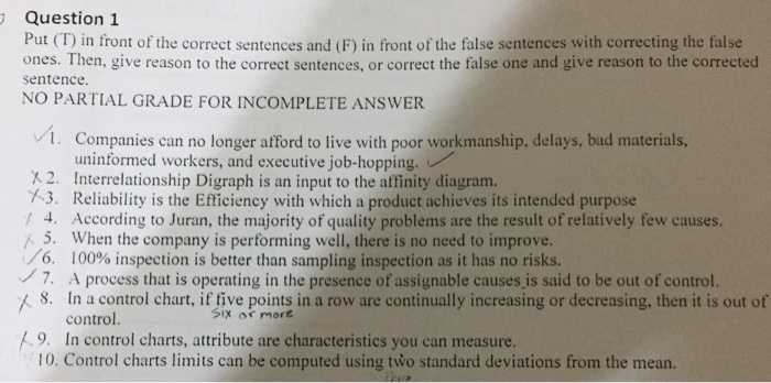 Solved Question 1 Put (T) in front of the correct sentences | Chegg.com