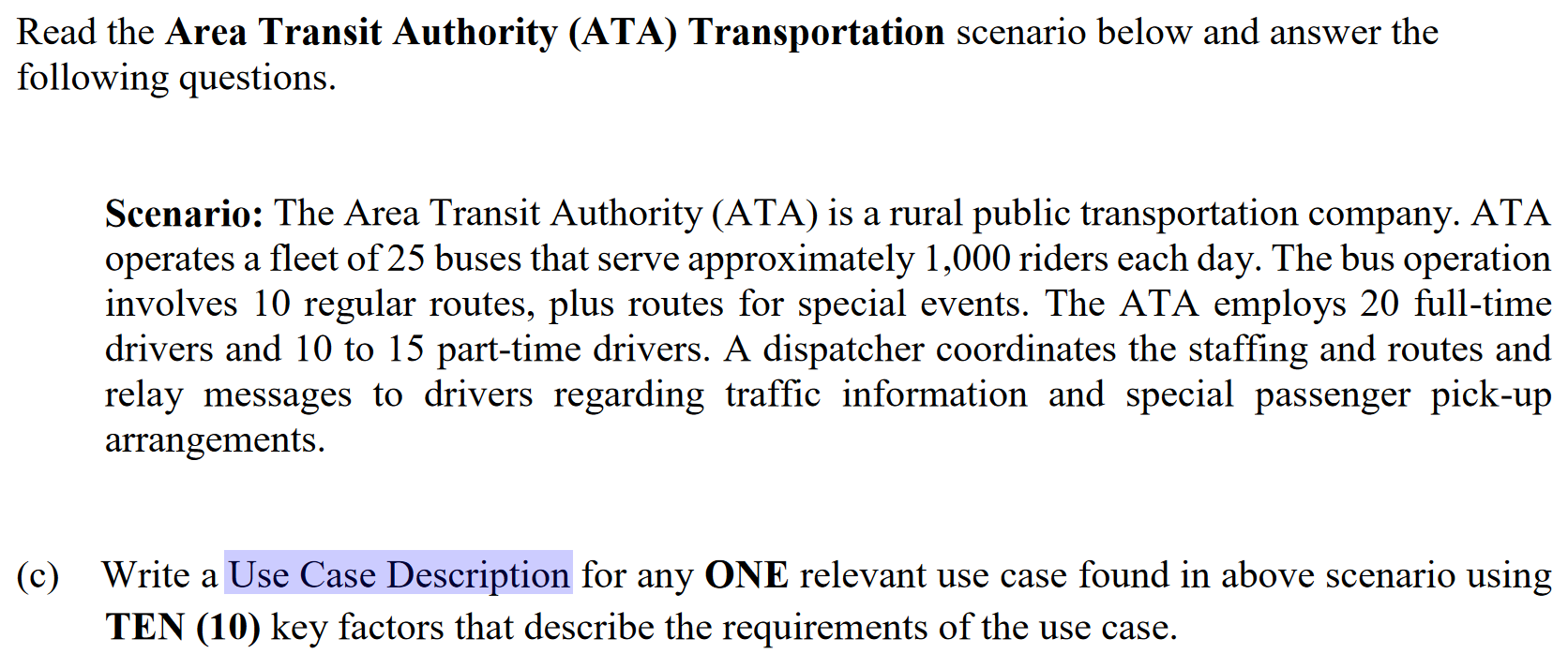 Solved Read the Area Transit Authority (ATA) Transportation | Chegg.com