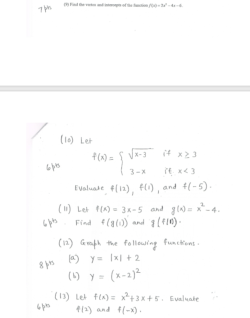 Solved (9) Find the vertex and intercepts of the function | Chegg.com