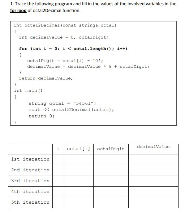 Solved 1. Trace the following program and fill in the values | Chegg.com