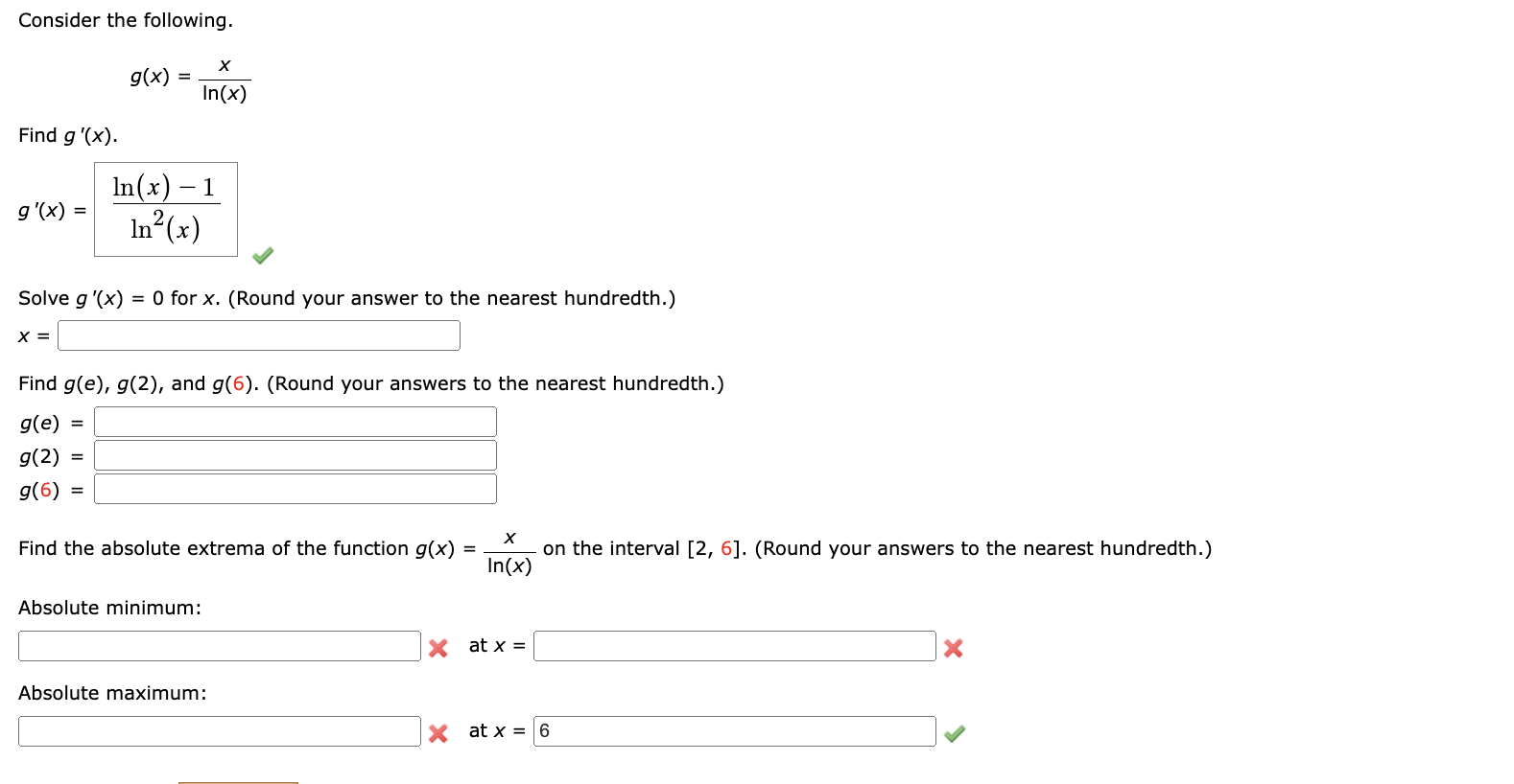 Solved Consider the following. g(x)=ln(x)x Find g′(x) | Chegg.com