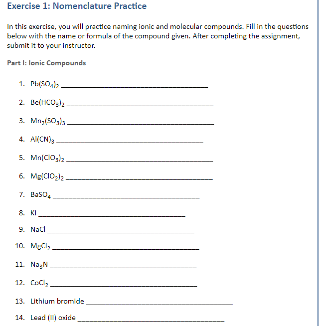 Solved Exercise 1 Nomenclature Practice In This Exercise Chegg
