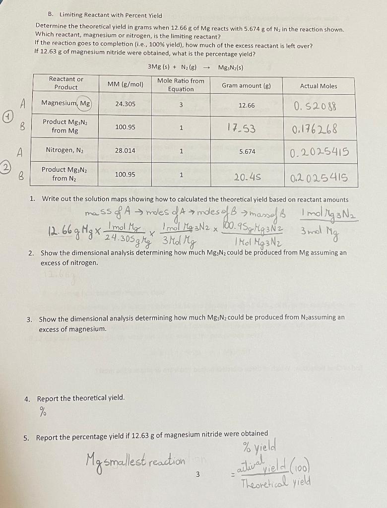 Solved B. Limiting Reactant with Percent Yield Determine the | Chegg.com