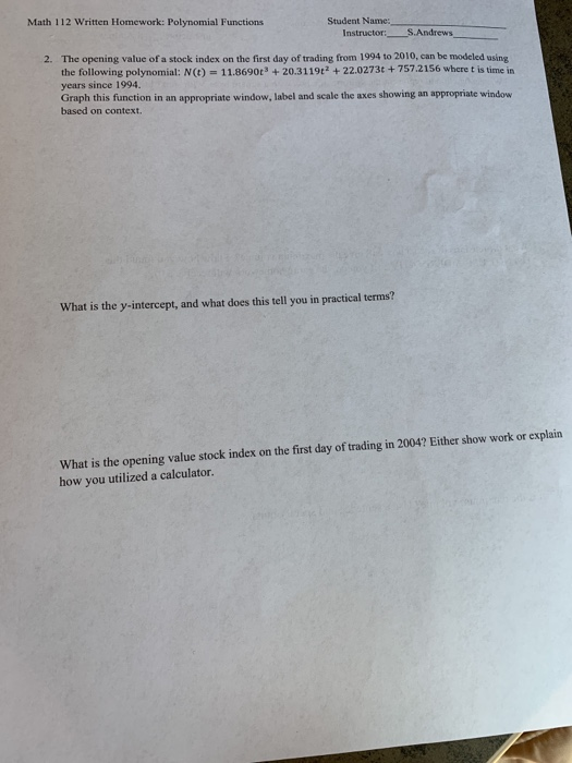 Solved Math 112 Written Homework: Polynomial Functions | Chegg.com