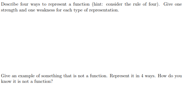 Solved Describe four ways to represent a function (hint: | Chegg.com