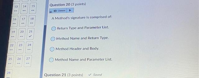 Solved 13 14 15 Question 20 (3 points) Listen -- 18 17 18 A | Chegg.com