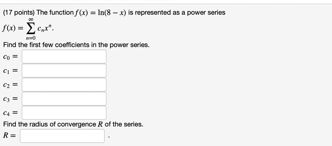 Solved = (17 points) The function f(x) = ln(8 - x) is | Chegg.com