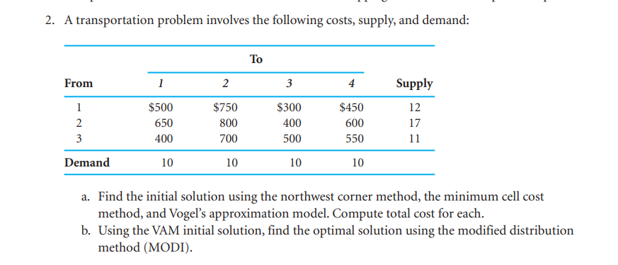 Solved 2. A transportation problem involves the following | Chegg.com