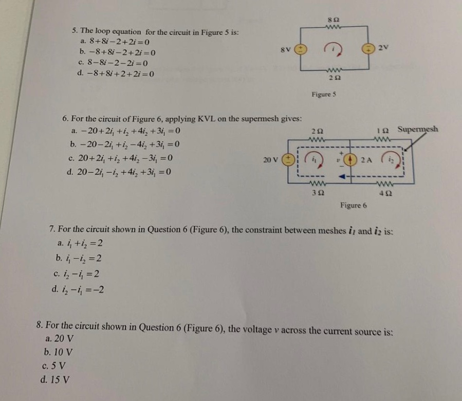 Solved 2v 5 The Loop Equation For The Circuit In Figure 5