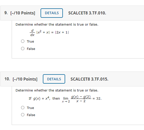 Solved 9. [-/10 Points] DETAILS SCALCET8 3.TF.010. Determine | Chegg.com