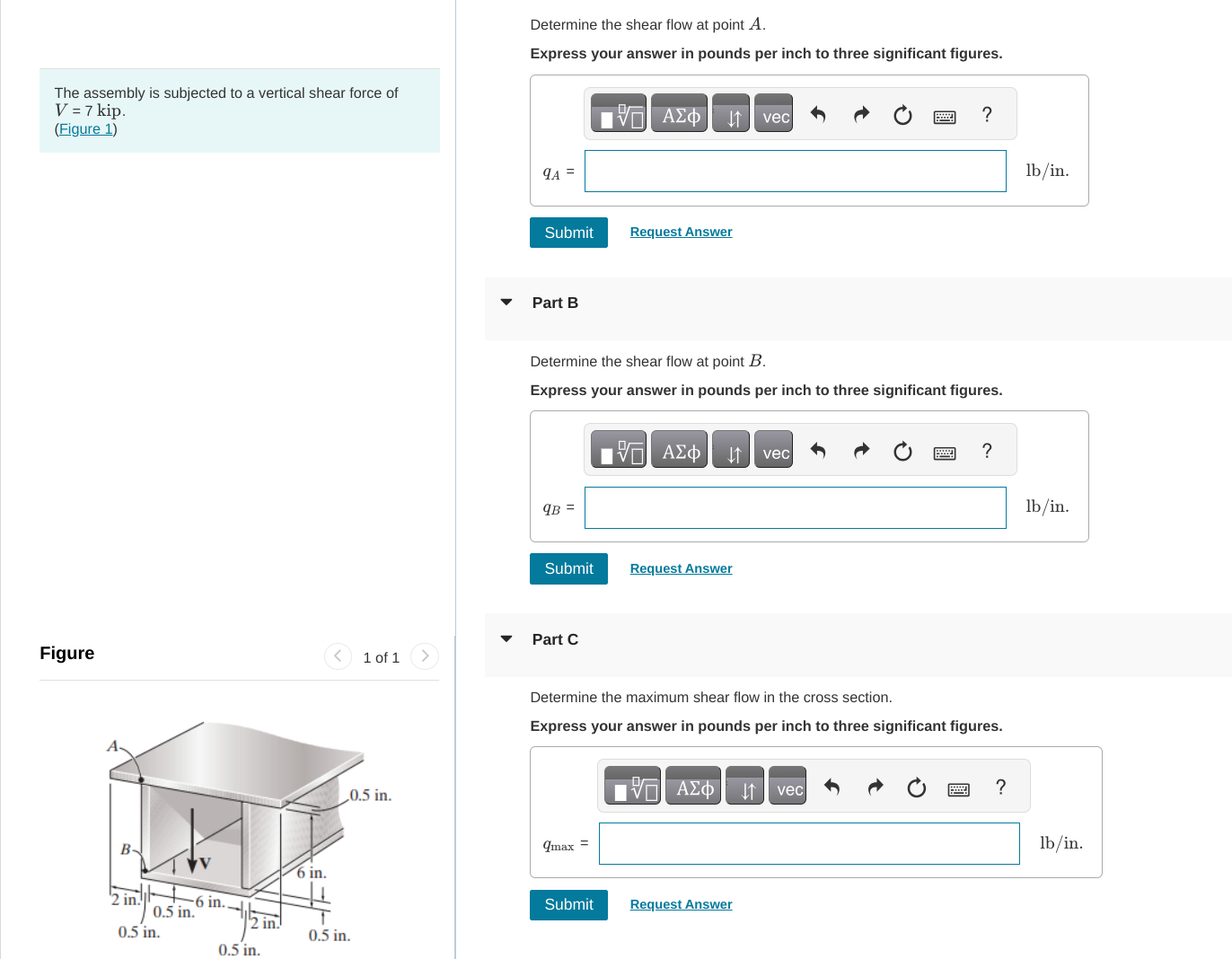 Solved Determine shear flow at points A & B, ﻿and max shear | Chegg.com