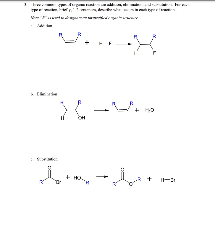 Solved 3. Three common types of organic reaction are | Chegg.com