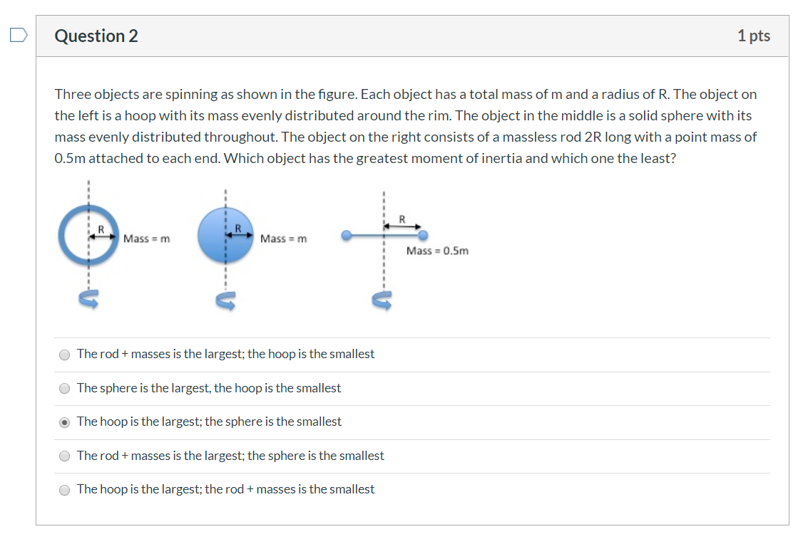 Solved Question 2 1 pts Three objects are spinning as shown | Chegg.com