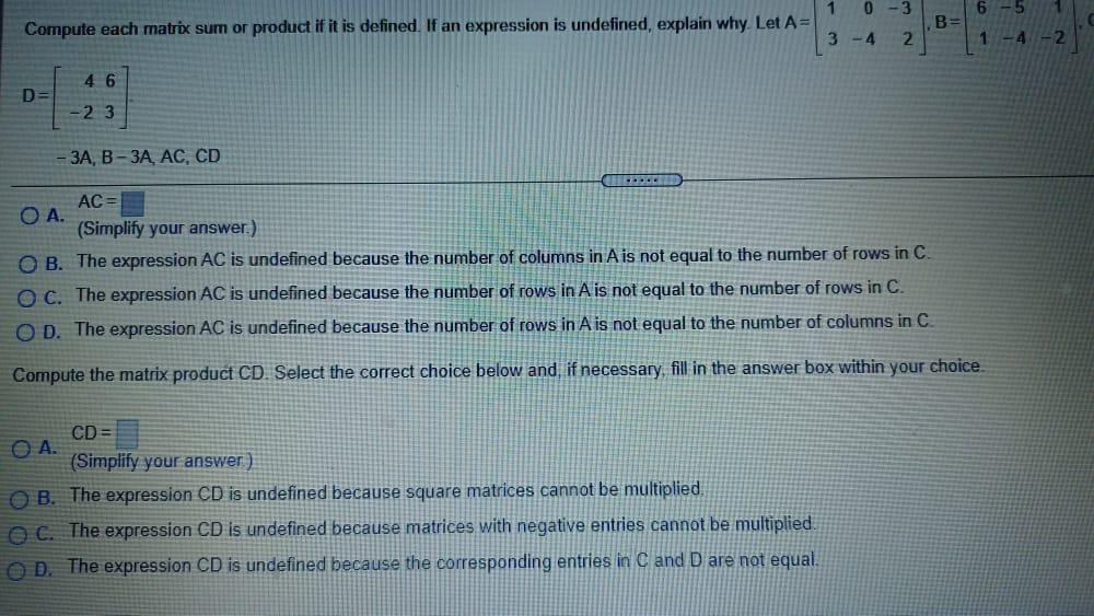 Solved Compute each matrix sum or product if it is defined. | Chegg.com