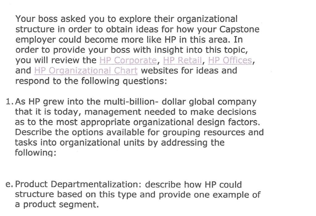 Solved Your boss asked you to explore their organizational | Chegg.com