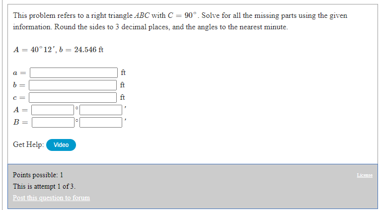 Solved This problem refers to a right triangle ABC with C = | Chegg.com