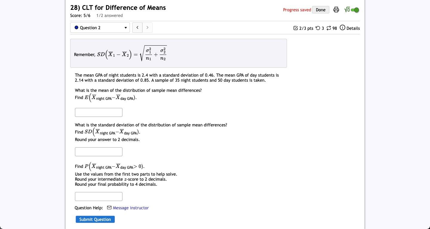 Solved 28) CLT for Difference of Means Score: 5/61/2 | Chegg.com