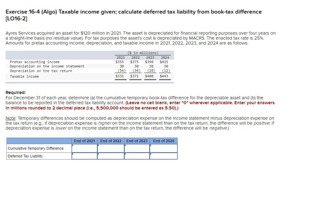 Solved Exercise 16-4 (Algo) Taxable income given; calculate | Chegg.com