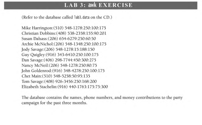Solved LAB 3: awk EXERCISE (Refer to the database called | Chegg.com