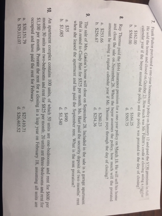 Solved 7. Frank Fulton purchased a one-year homeowner's | Chegg.com