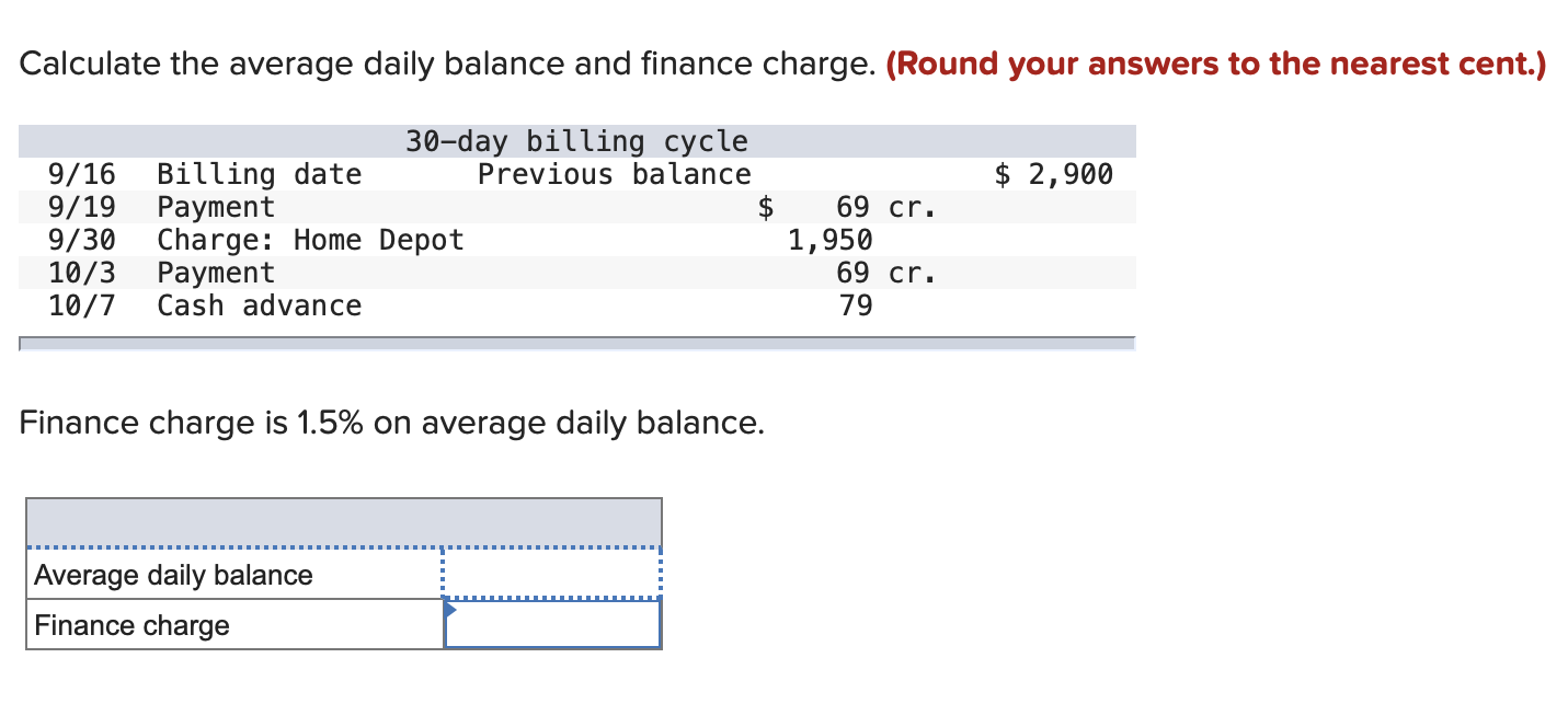 Solved Calculate the average daily balance and finance | Chegg.com