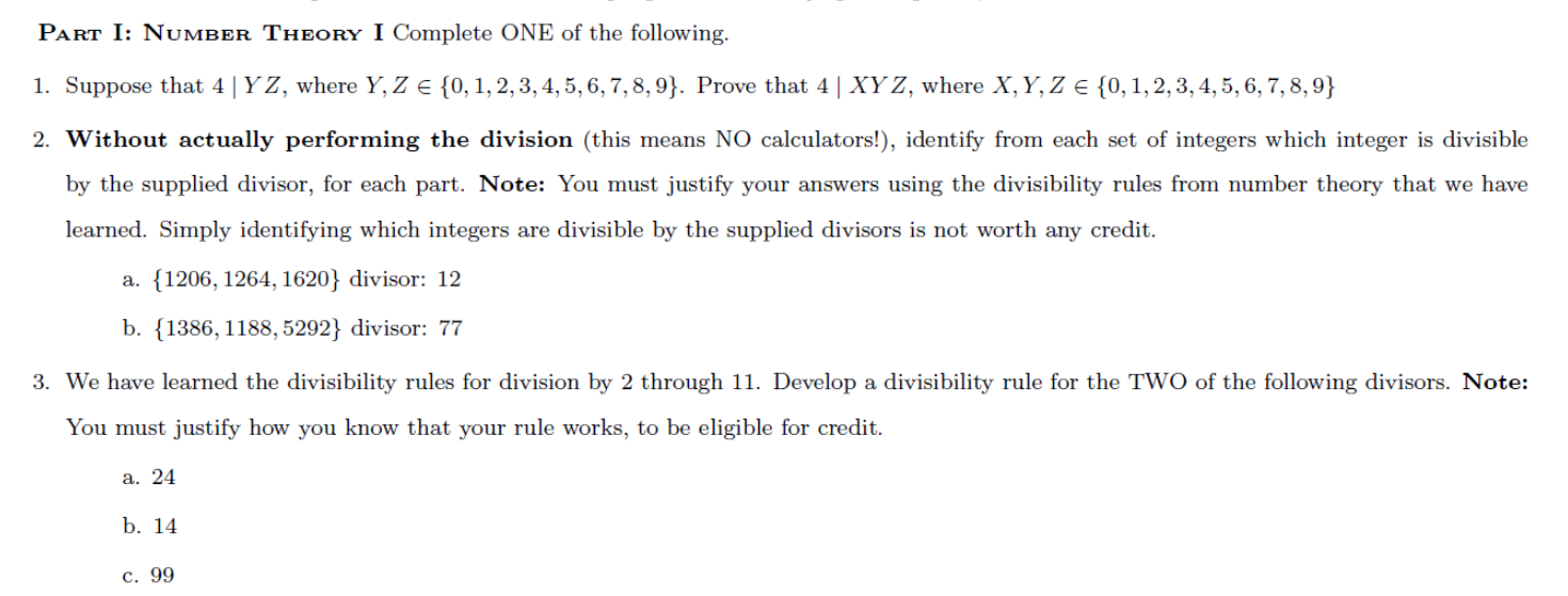 Solved Part I: NUMBER THEORY I Complete ONE of the | Chegg.com