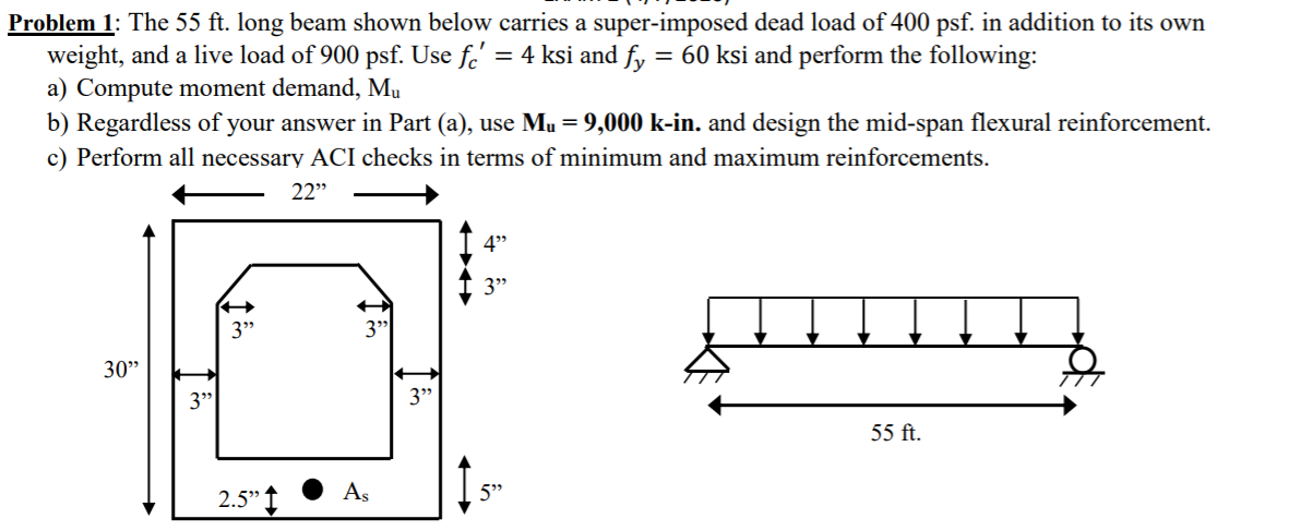 Solved Problem 1: The 55 ft. long beam shown below carries a | Chegg.com