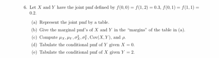 Solved 6. Let X and Y have the joint pmf defined by f(0,0) | Chegg.com Solved 6. Let X and Y have the joint pmf defined by f(0,0) | Chegg.com