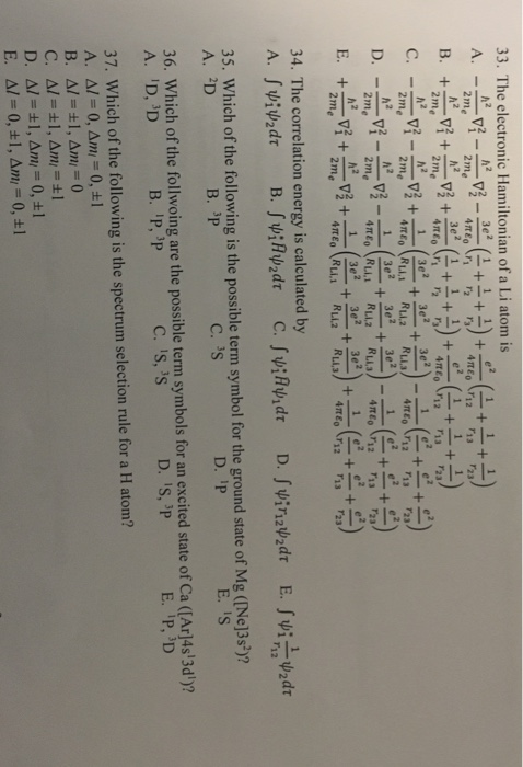 Solved 33. The electronic Hamiltonian of a Li atom is 3e2 (1 | Chegg.com
