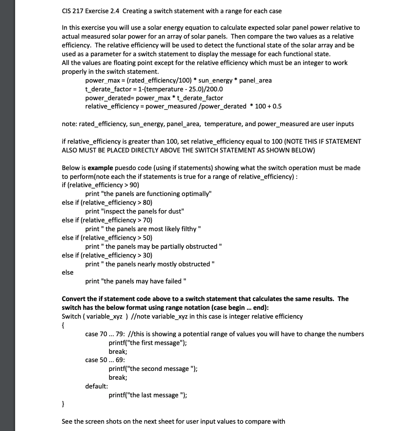 Solved CIS 217 Exercise 2.4 Creating a switch statement with | Chegg.com