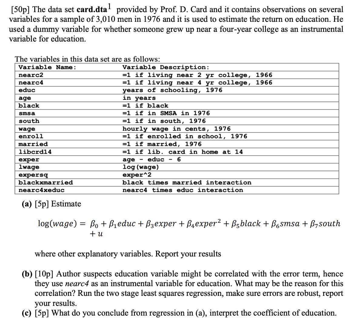 [50p] The data set card.dta 1 provided by Prof. D. | Chegg.com