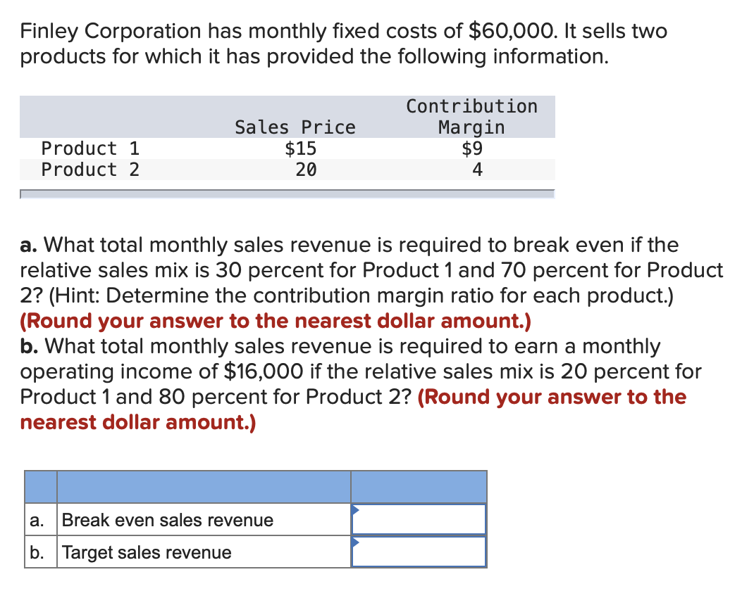 Solved Finley Corporation has monthly fixed costs of | Chegg.com