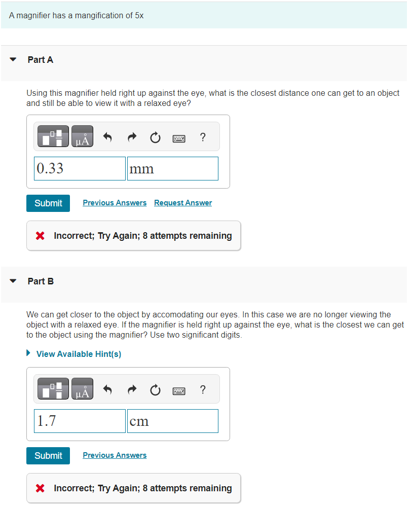 Solved A magnifier has a mangification of 5x Part A Using | Chegg.com